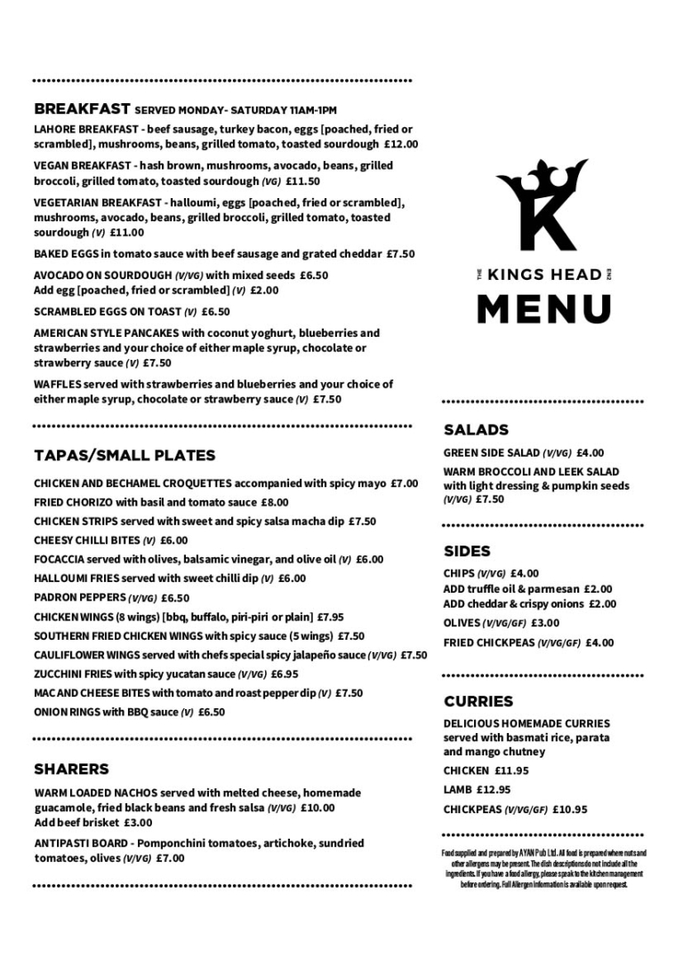 MENU | The Kings Head Pub