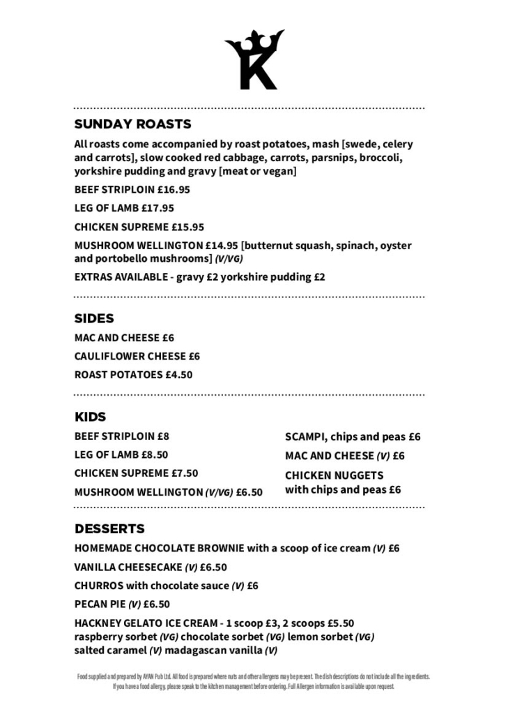 MENU | The Kings Head Pub