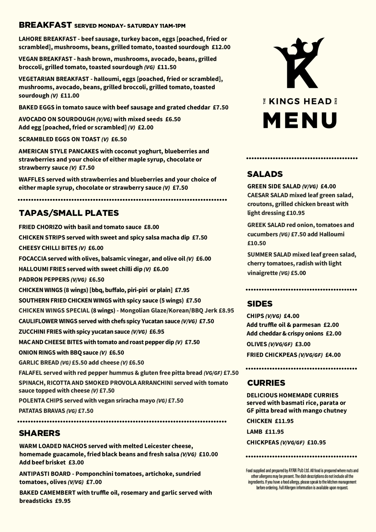 MENU | The Kings Head Pub