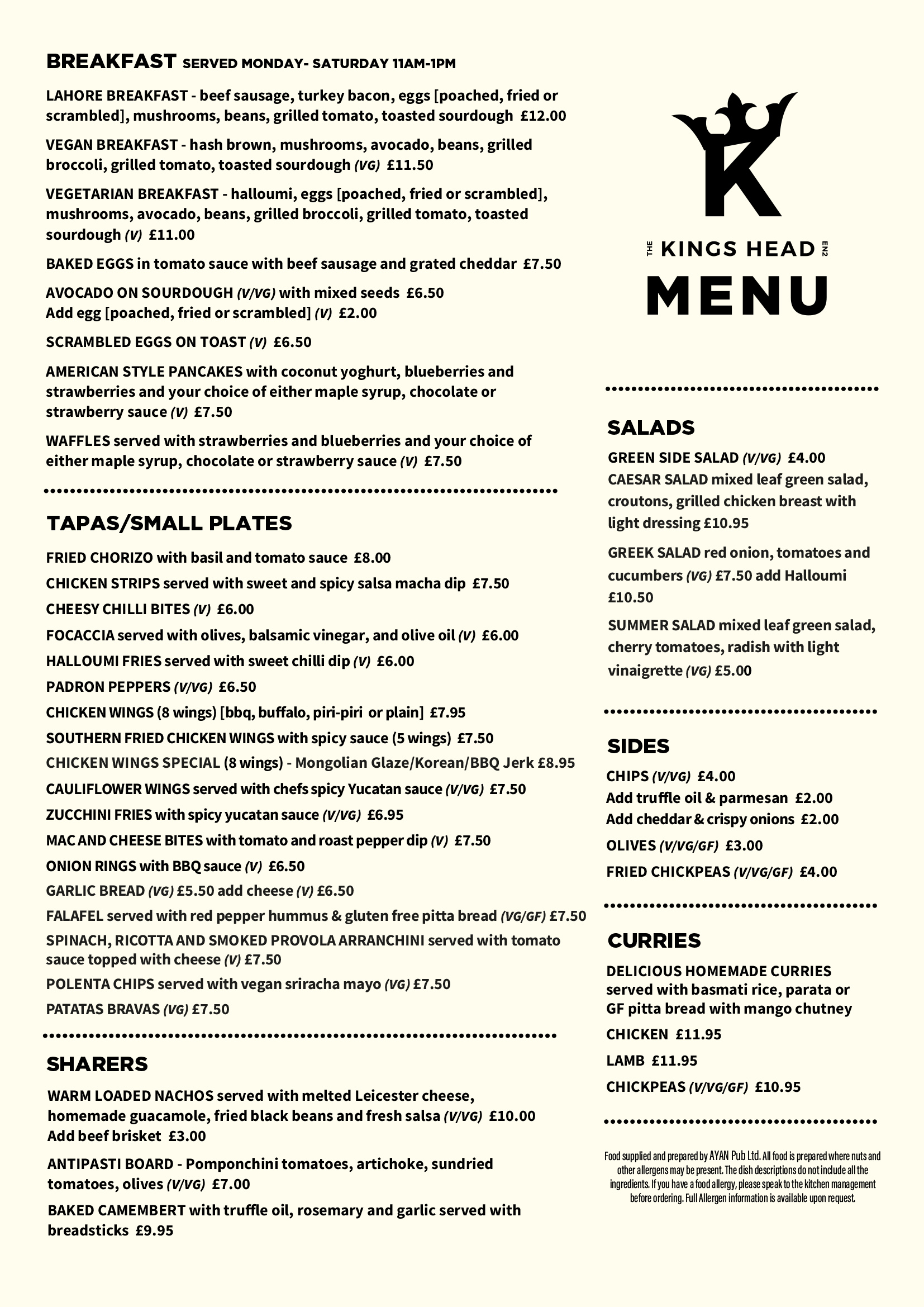 MENU | The Kings Head Pub