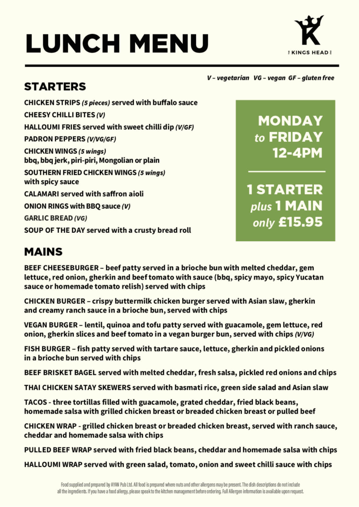 MENUS | The Kings Head Pub