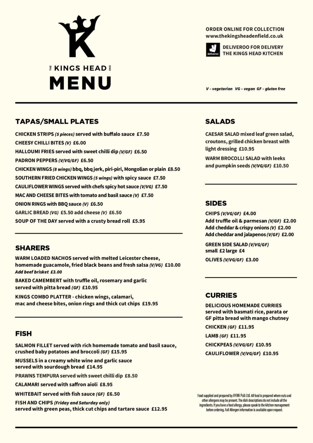 MENUS | The Kings Head Pub
