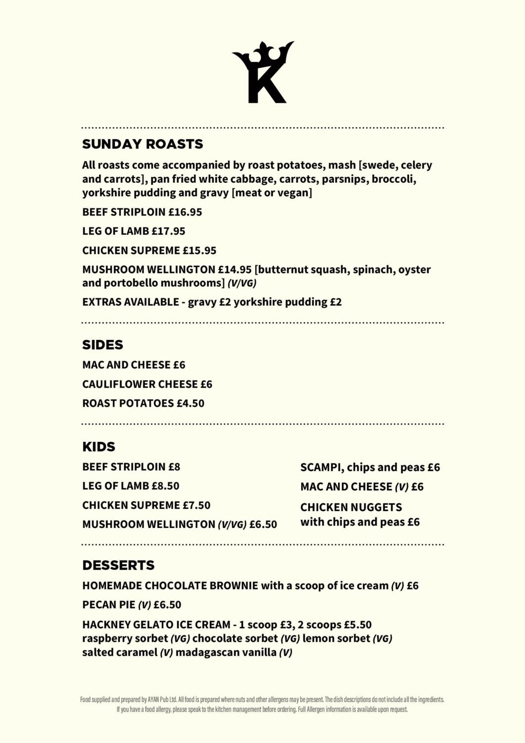 MENUS | The Kings Head Pub